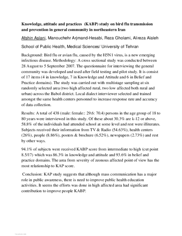 (PDF) Knowledge, attitude and practices (KABP) study on bird flu ...