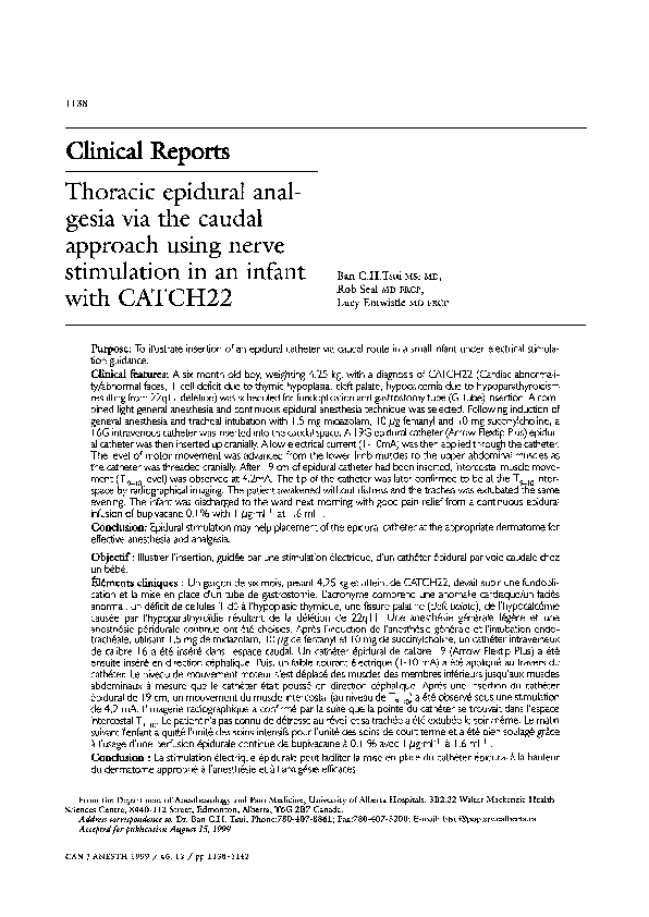 (PDF) Thoracic Epidural Analgesia Via the Caudal Approach in Pediatric ...