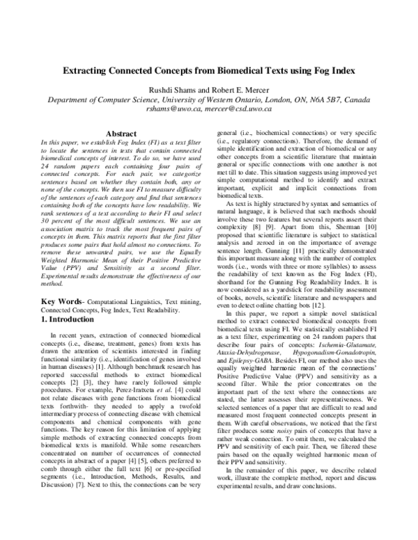 (PDF) Extracting Connected Concepts from Biomedical Texts using Fog Index
