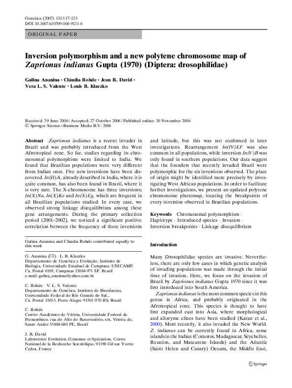 (PDF) Inversion polymorphism and a new polytene chromosome map of ...