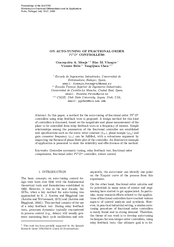 Pdf On Auto Tuning Of Fractional Order Piλdµ Controllers