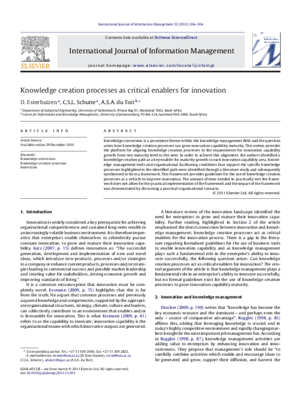 (PDF) Knowledge creation processes as critical enablers for innovation