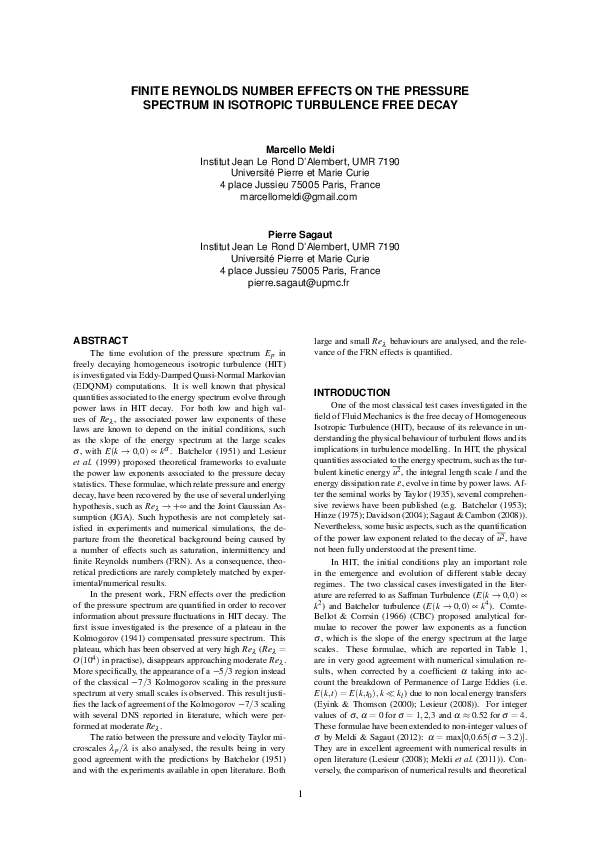 (PDF) Finite Reynolds number effects on the pressure spectrum in isotropic turbulence free decay ...