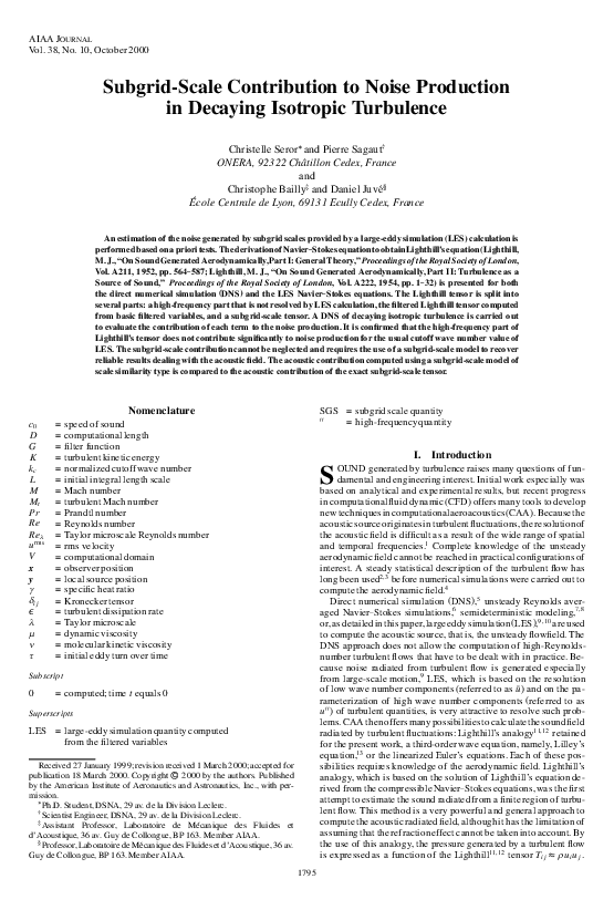 (PDF) Subgrid-Scale Contribution to Noise Production in Decaying Isotropic Turbulence