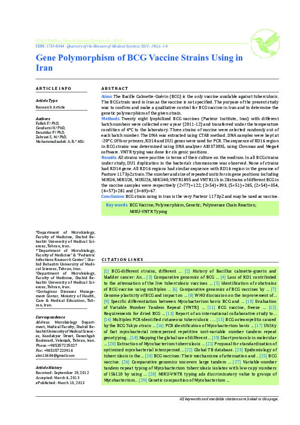 (PDF) Gene Polymorphism of BCG Vaccine Strain Using in Iran | Alireza ...