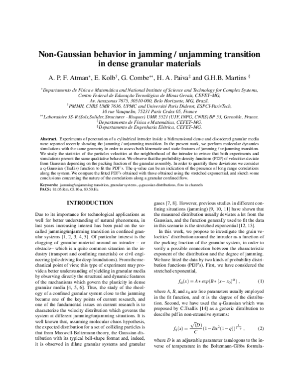 (PDF) Non-Gaussian behavior in jamming / unjamming transition in dense ...