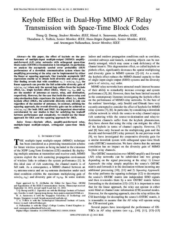 Pdf Keyhole Effect In Dual Hop Mimo Af Relay Transmission With Space Time Block Codes