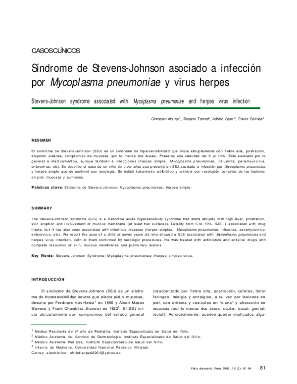 (PDF) Síndrome de Stevens-Johnson asociado a infección por mycoplasma ...