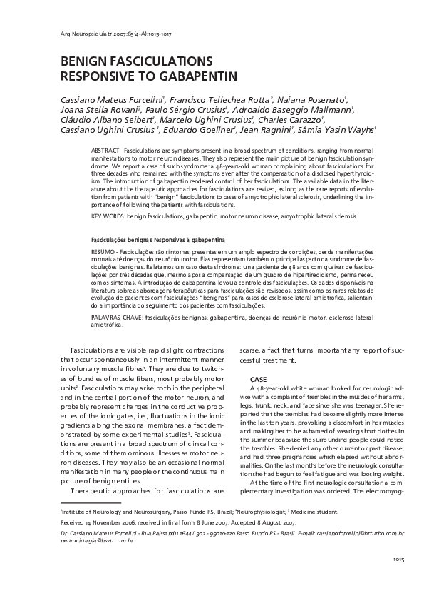 (PDF) Benign fasciculations responsive to gabapentin