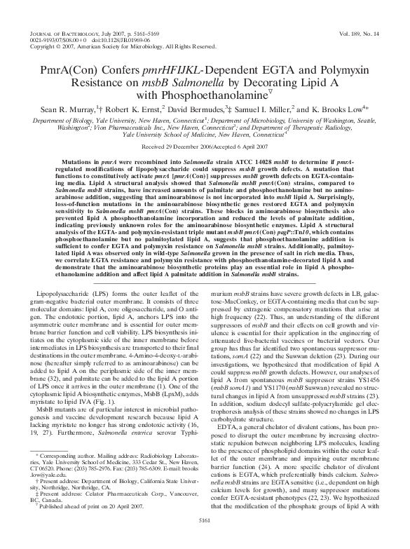 (PDF) PmrA(Con) Confers pmrHFIJKL-Dependent EGTA and Polymyxin Resistance on msbB Salmonella by ...