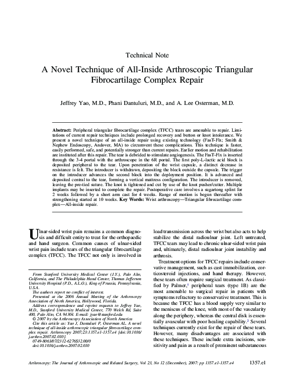 (PDF) A Novel Technique of All-Inside Arthroscopic Triangular Fibrocartilage Complex Repair
