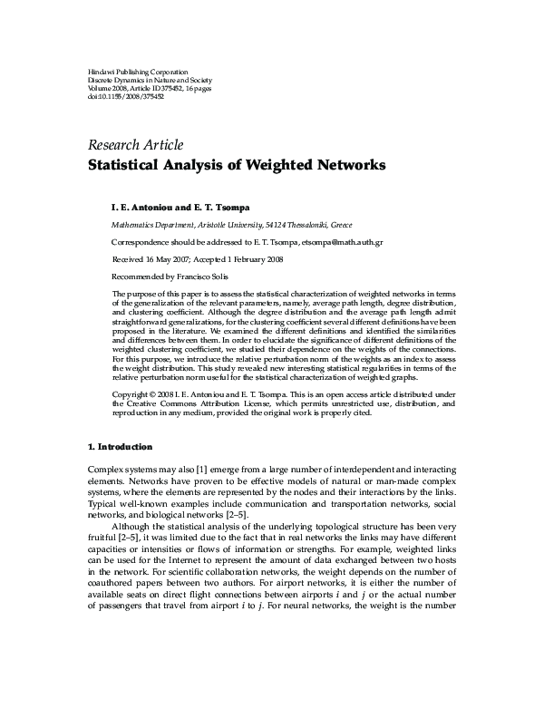 (PDF) Statistical Analysis of Weighted Networks