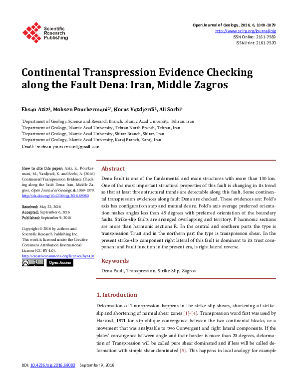 (PDF) Continental Transpression Evidence Checking along the Fault Dena ...