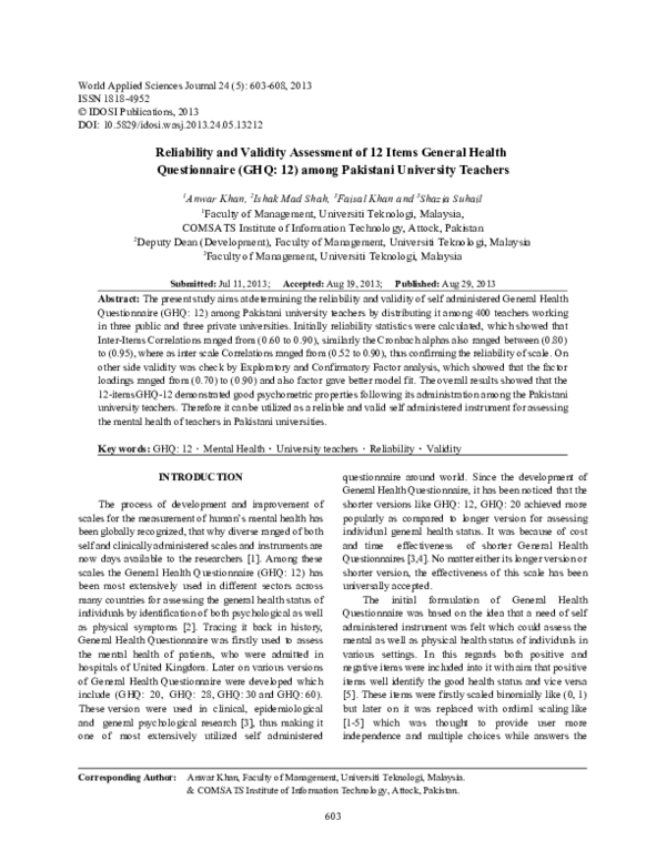 (PDF) Reliability and Validity Assessment of 12 Items General Health Questionnaire (GHQ: 12 ...