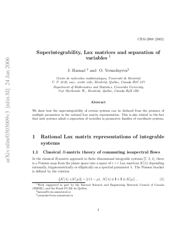 (PDF) Superintegrability, Lax matrices and separation of variables