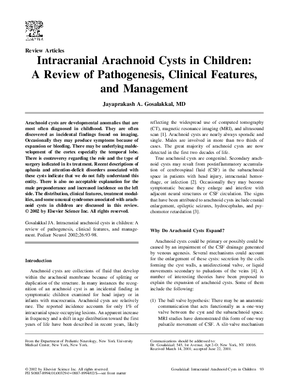 (PDF) Intracranial arachnoid cysts in children: a review of pathogenesis, clinical features, and ...