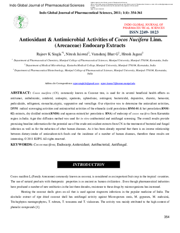 (PDF) Antioxidant & Antimicrobial Activities of Cocos Nucifera Linn. (Arecaceae) Endocarp Extracts