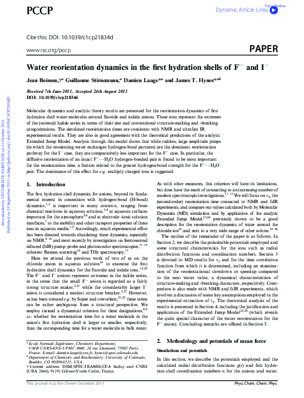 (PDF) Water reorientation dynamics in the first hydration shells of F− ...