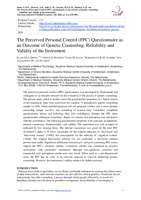 (PDF) The perceived personal control (PPC) questionnaire: Reliability ...