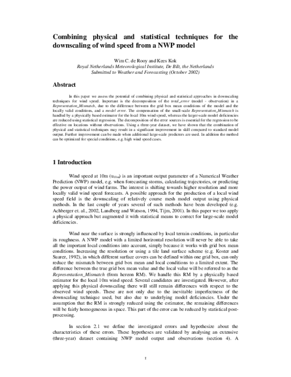Pdf Combining Physical And Statistical Techniques For The Downscaling Of Wind Speed From A Nwp