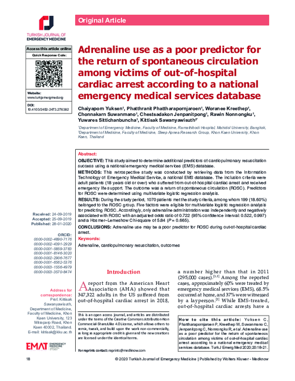 (PDF) Adrenaline use as a poor predictor for the return of spontaneous ...