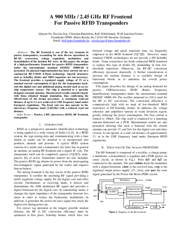 (PDF) A 900 MHz / 2 . 45 GHz RF Frontend For Passive RFID Transponders
