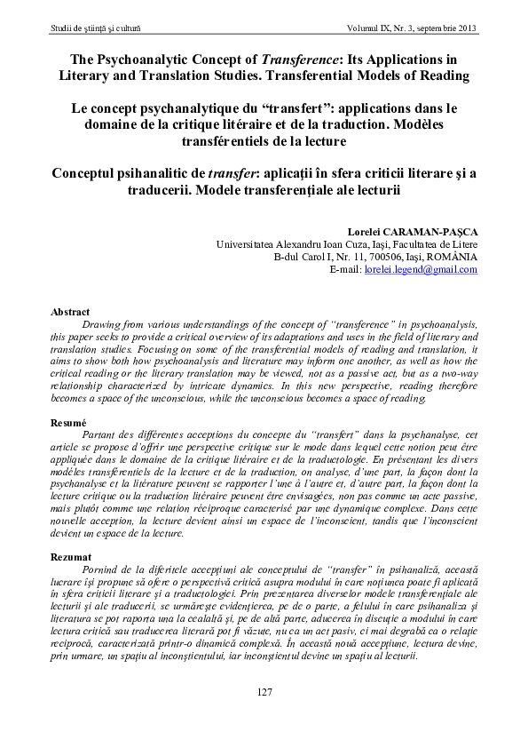 (PDF) The Psychoanalytic Concept of Transference: Its Applications in ...