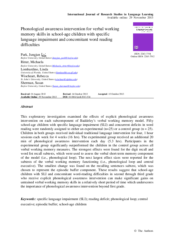 (PDF) Phonological awareness intervention for verbal working memory skills in school-age ...
