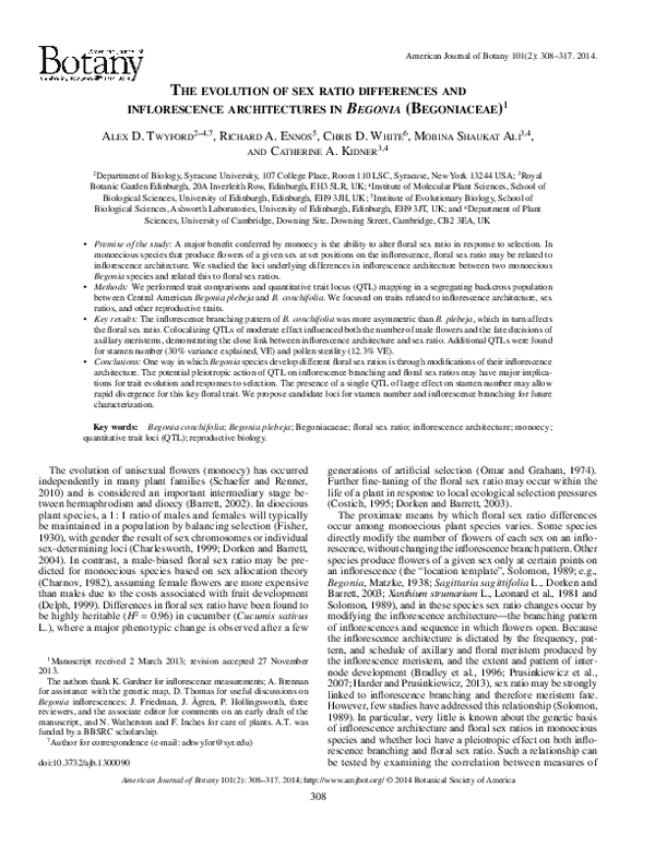 Pdf The Evolution Of Sex Ratio Differences And Inflorescence Architectures In Begonia
