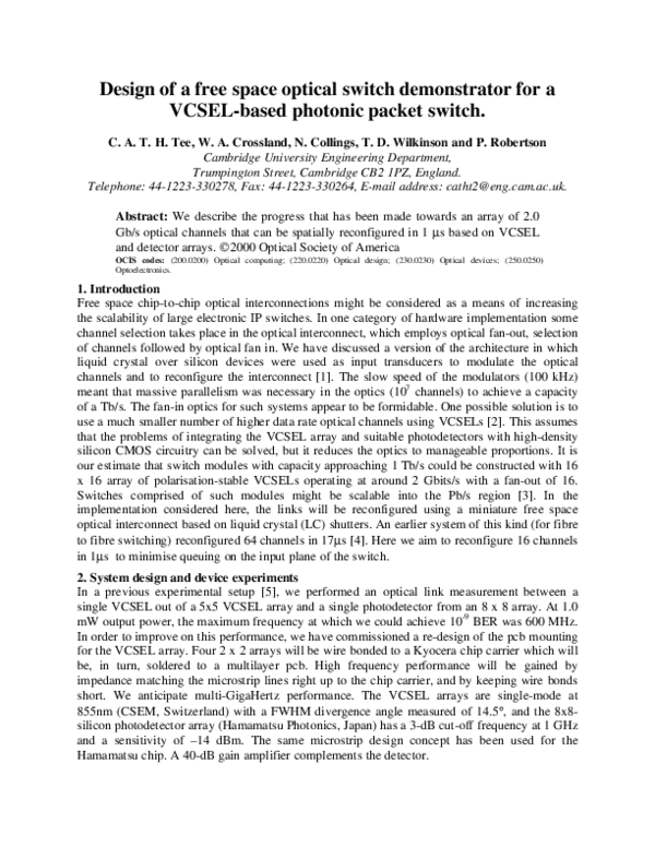 (PDF) Design of a free space optical switch demonstrator for a VCSEL ...
