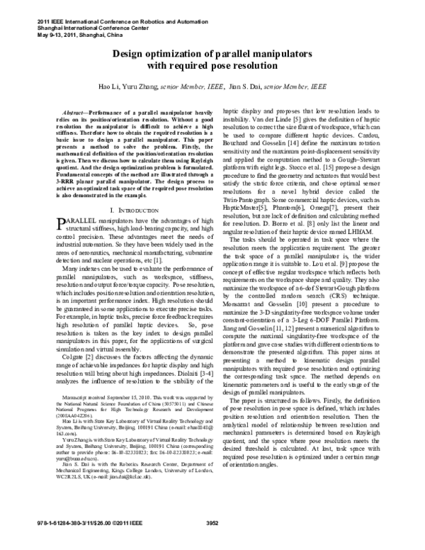 Pdf Design Optimization Of Parallel Manipulators With Required Pose