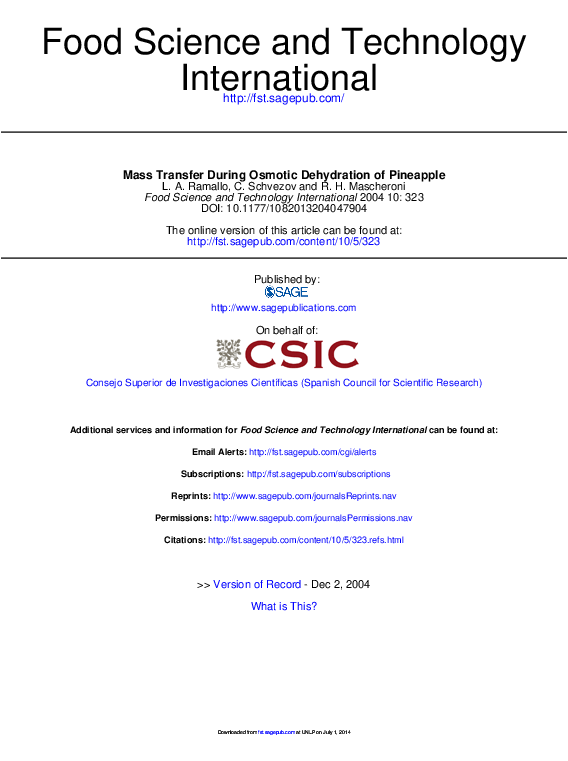 (PDF) Mass Transfer During Osmotic Dehydration of Pineapple