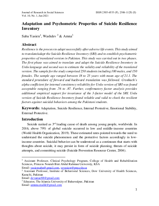 (PDF) Adaptation and Psychometric Properties of Suicide Resilience ...