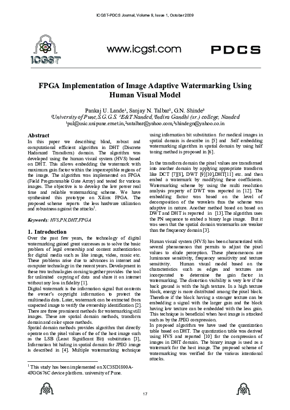 Pdf Fpga Implementation Of Image Adaptive Watermarking Using Human Visual Model
