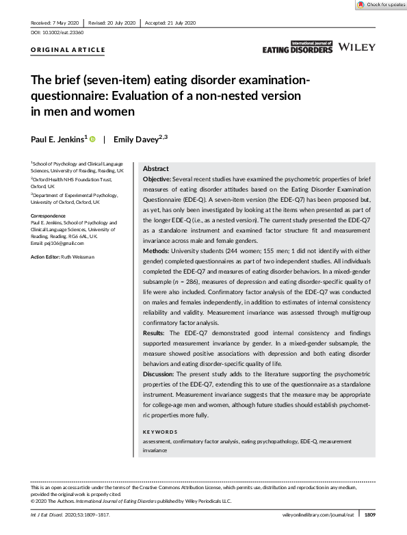 (PDF) The brief (seven-item) eating disorder examination-questionnaire ...