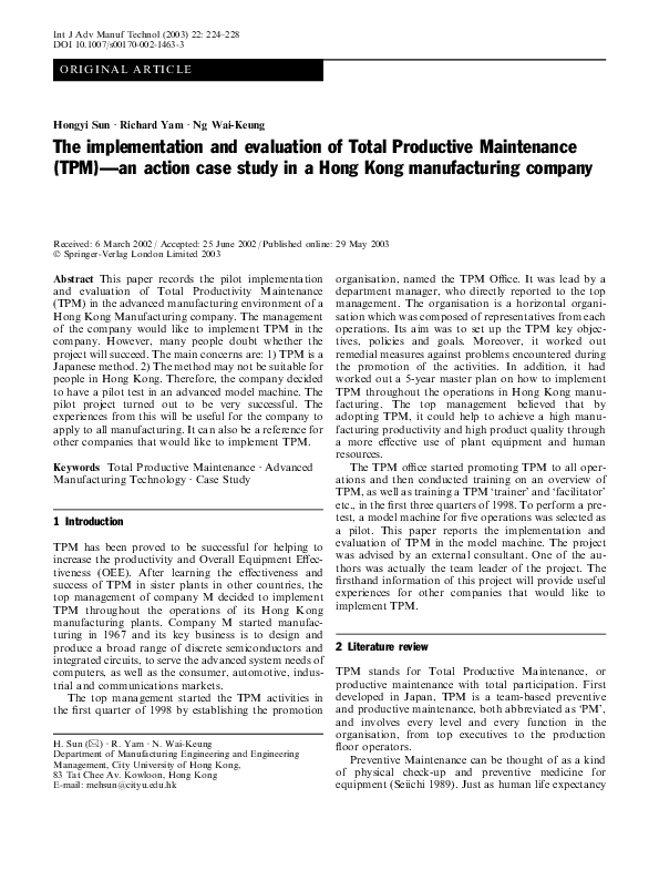 (PDF) The implementation and evaluation of Total Productive Maintenance (TPM)?an action case ...