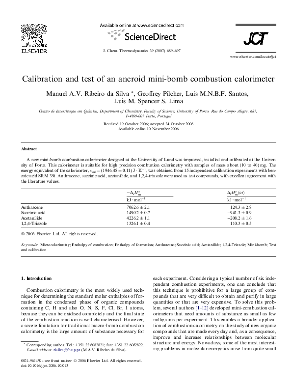 (PDF) Calibration and test of an aneroid mini-bomb combustion calorimeter