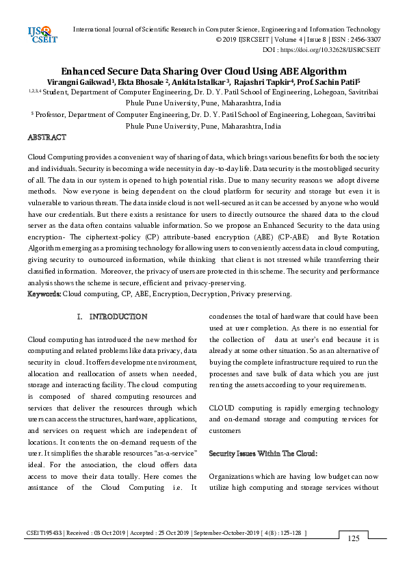 Pdf Enhanced Secure Data Sharing Over Cloud Using Abe Algorithm