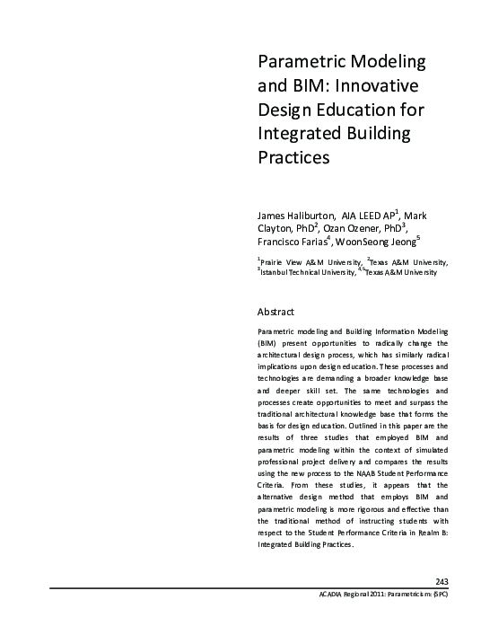 (PDF) Parametric Modeling and BIM: Innovative Design Education for Integrated Building Practices