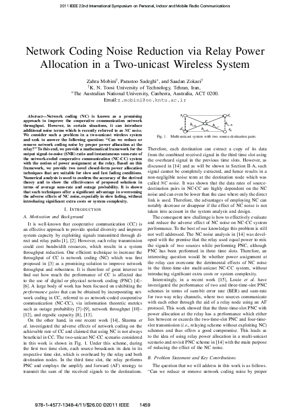 Pdf Network Coding Noise Reduction Via Relay Power Allocation In A