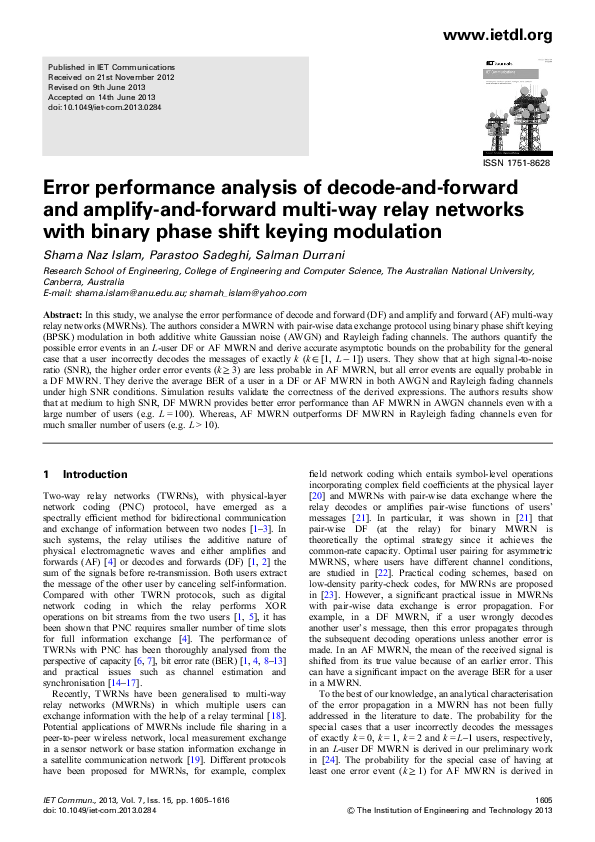 Pdf Error Performance Analysis Of Decode And Forward And Amplify And Forward Multi Way Relay