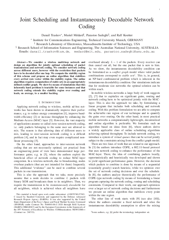 (PDF) Joint scheduling and instantaneously decodable network coding | Parastoo Sadeghi ...