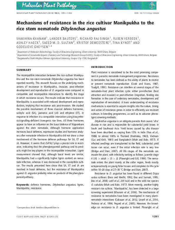 (PDF) Mechanisms of resistance in the rice cultivar Manikpukha to the ...