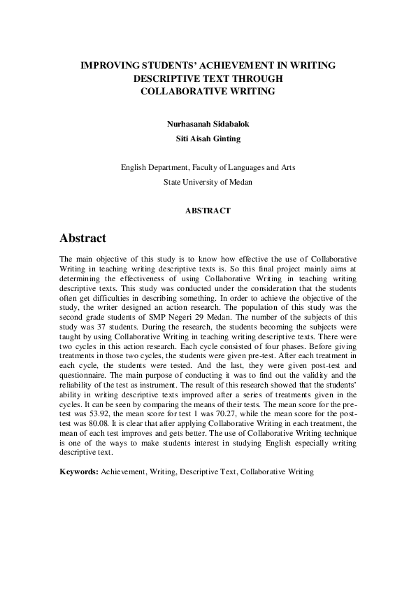 (PDF) Improving Students’ Achievement in Writing Descriptive Text Through Collaborative Writing