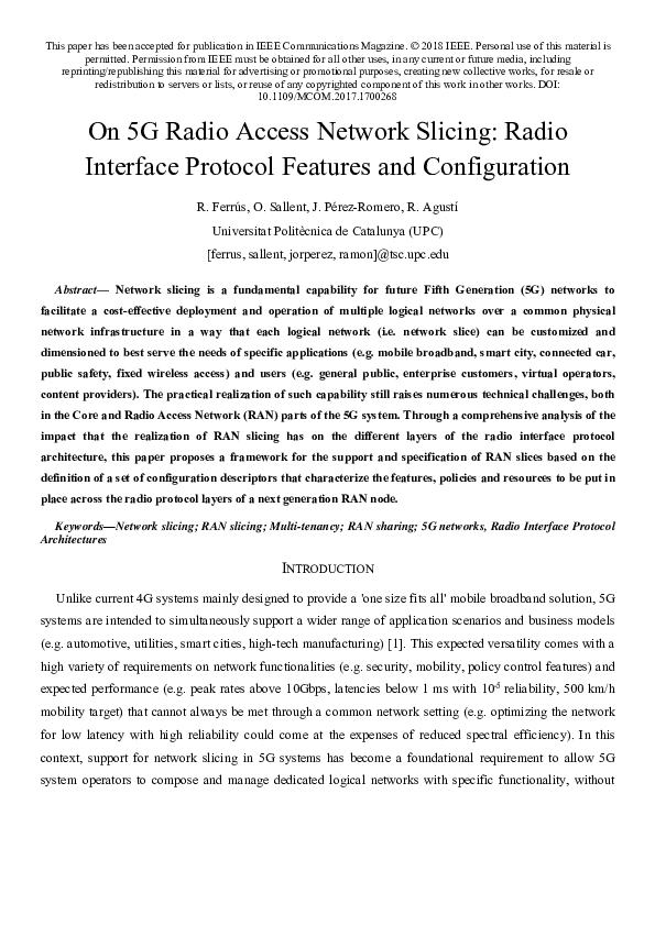 Pdf On 5g Radio Access Network Slicing Radio Interface Protocol Features And Configuration