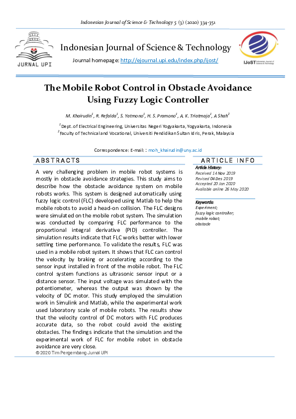 Pdf The Mobile Robot Control In Obstacle Avoidance Using Fuzzy Logic Controller