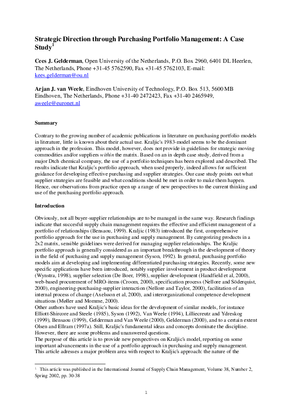 (PDF) Strategic Direction through Purchasing Portfolio Management: A ...