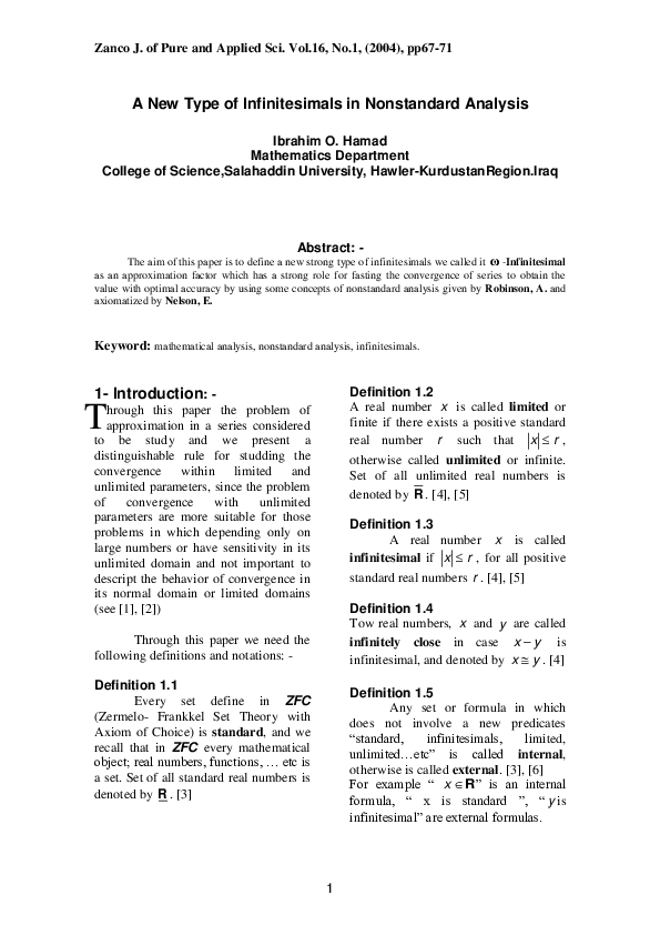 (PDF) A New Type of Infinitesimals in Nonstandard Analysis