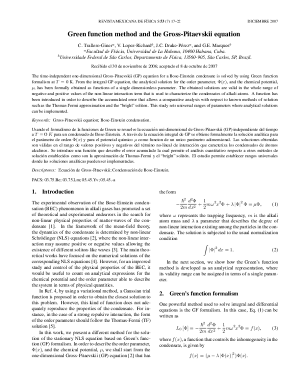 Pdf Green Function Method And The Gross Pitaevskii Equation