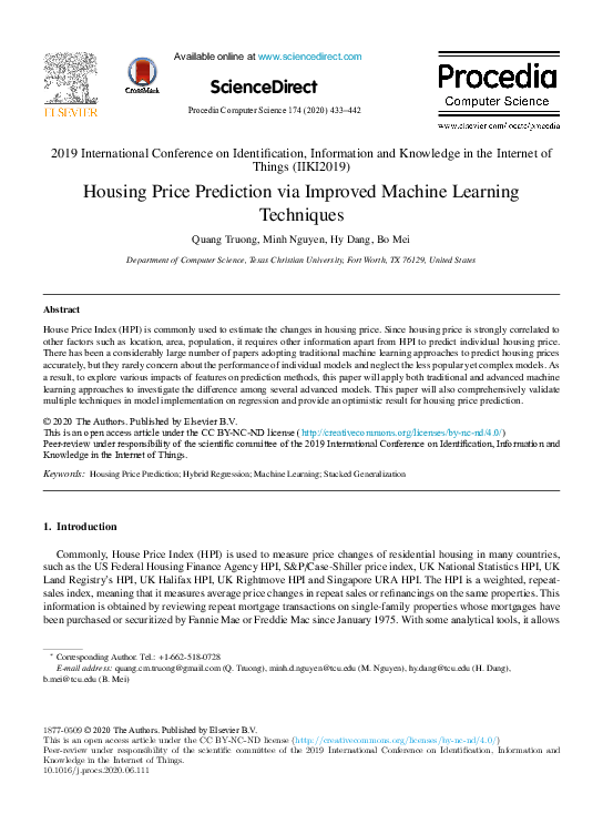 (PDF) Housing Price Prediction via Improved Machine Learning Techniques